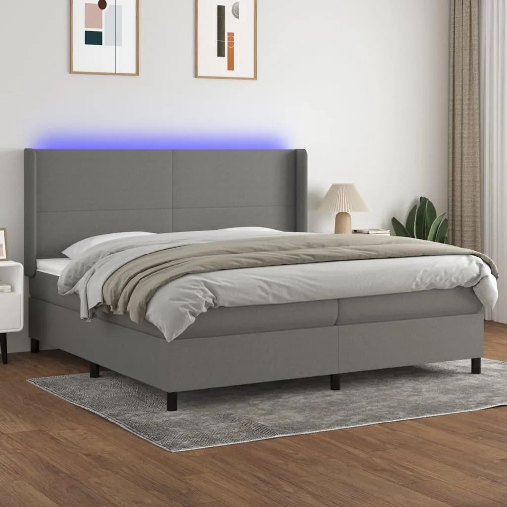 Box spring postel s matrací a LED tmavě šedá 200x200 cm textil