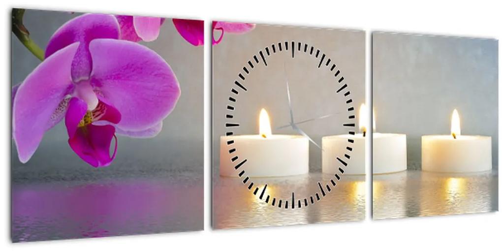 Obraz svíček na vodě (s hodinami) (90x30 cm)