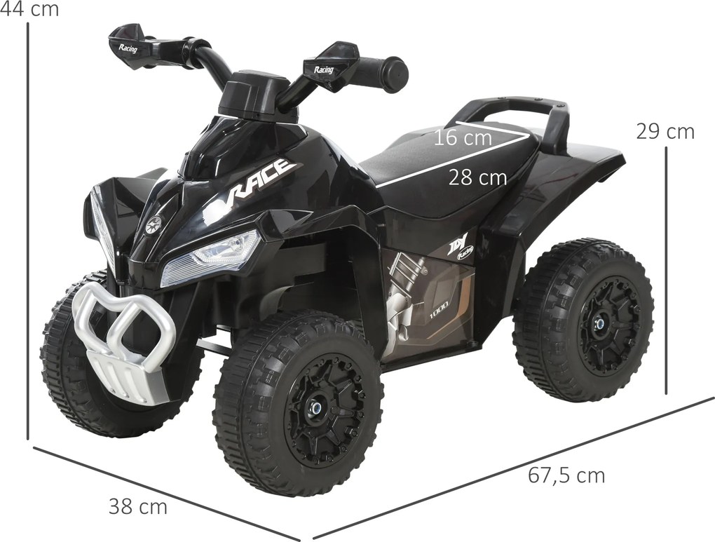 HOMCOM Dětský čtyřkolový vůz pro děti 18-36 měsíců s funkcí osvětlení a hudby, podporuje až 20 kg, 67,5x38x44 cm, černý