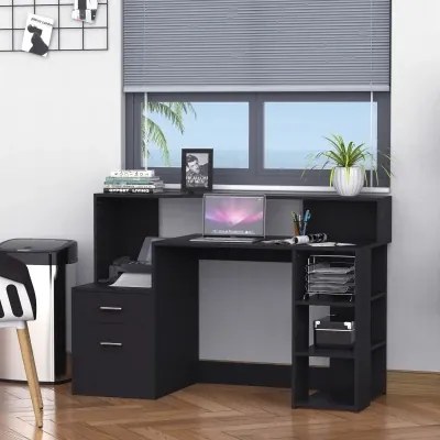 HOMCOM psací stůl s regálem, počítačový stůl, kancelářský stůl s deskou pro tiskárnu, zásuvkou, MDF, kov, černý, 137 x 55 x 92 cm