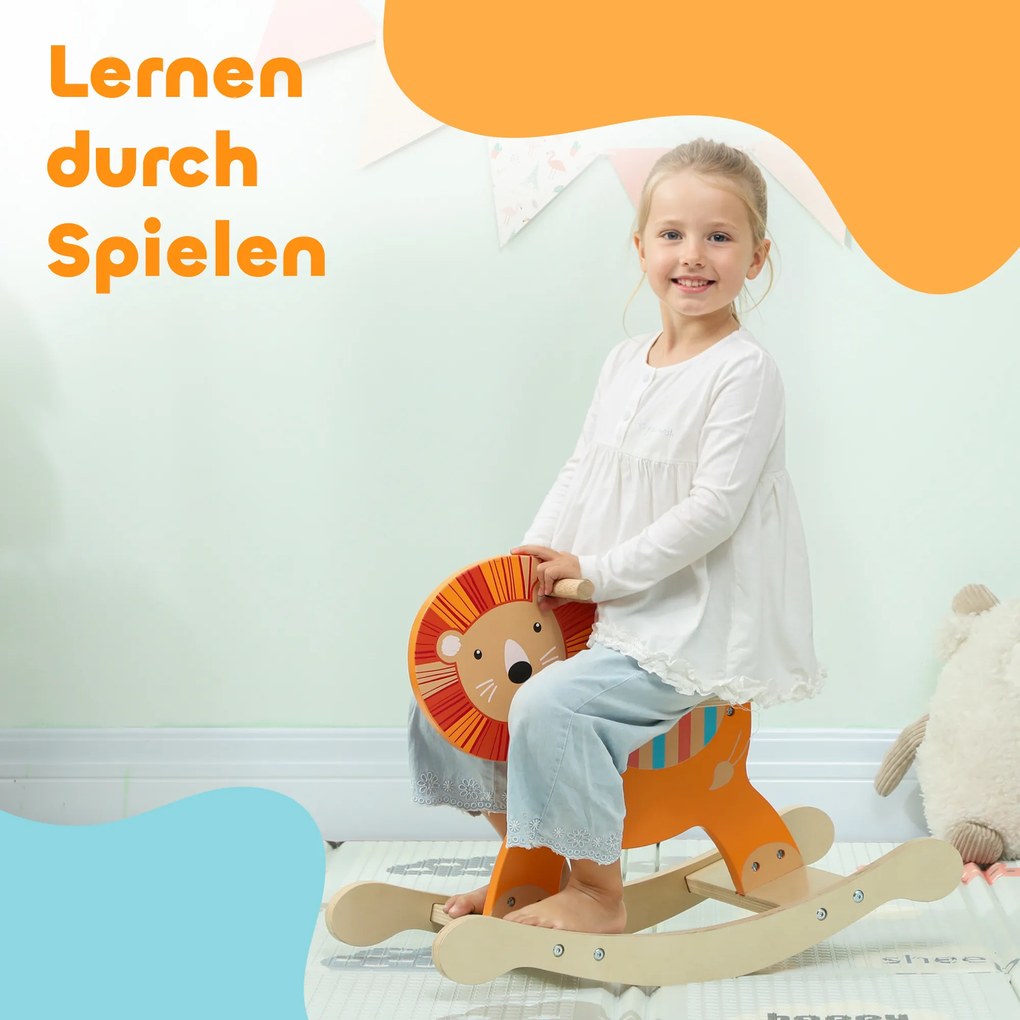 Houpací kůň s designem lva, nosnost 25 kg, 2-5 let, dřevo, oranžový