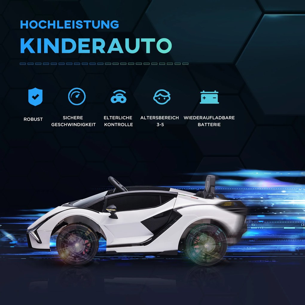 Dětské autíčko HOMCOM Lamborghini, s dálkovým ovládáním, 3 rychlosti, bezpečnostní pásy, hudební (MP3/USB) světlo, nosnost 25 kg, pro 37-60 měsíců, b…