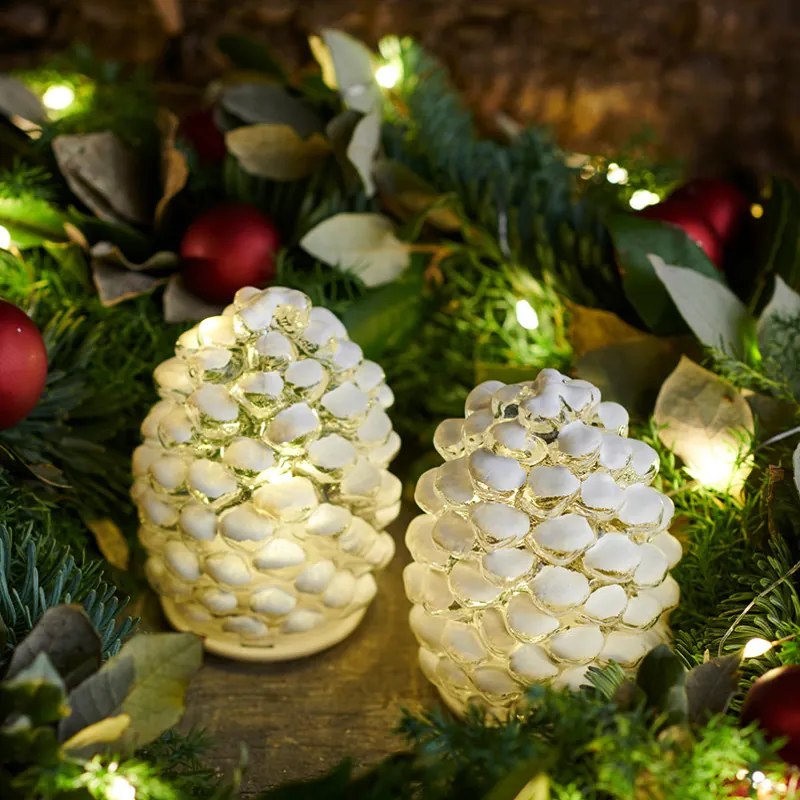 LED skleněná dekorace šišky, sada 2 kusy, zasněžené