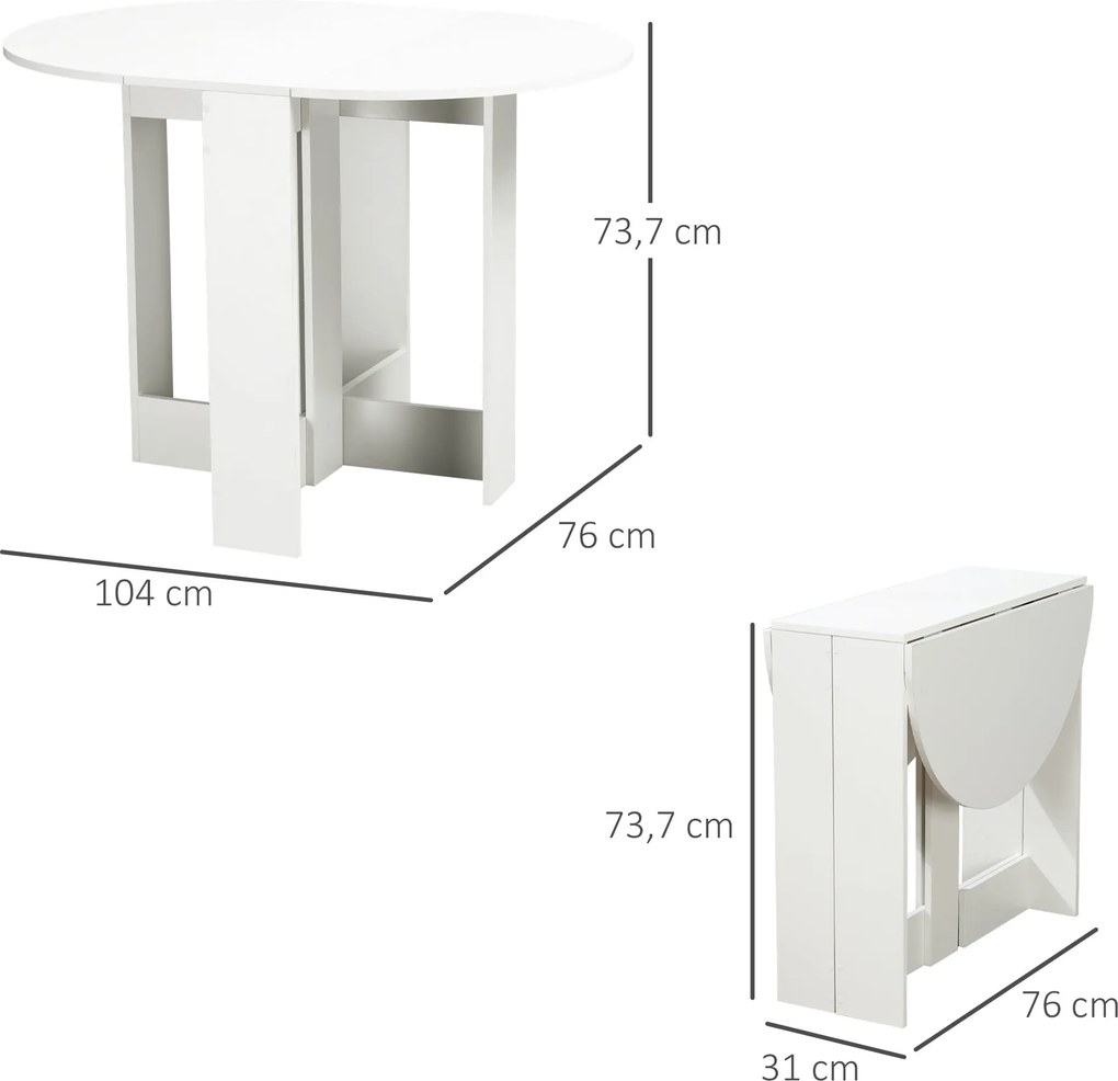 Skládací jídelní stůl HOMCOM s 2 sklápěcími křídly, skládací stůl pro 2-4 osoby 104x76x73,7 cm Bílý