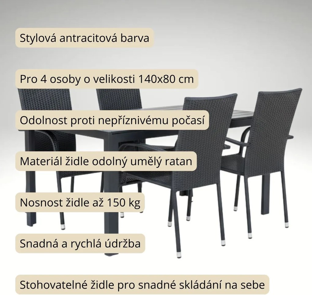 Vikio Zahradní ratanový set 140x80 pro 4 osoby DT255-140 antracit