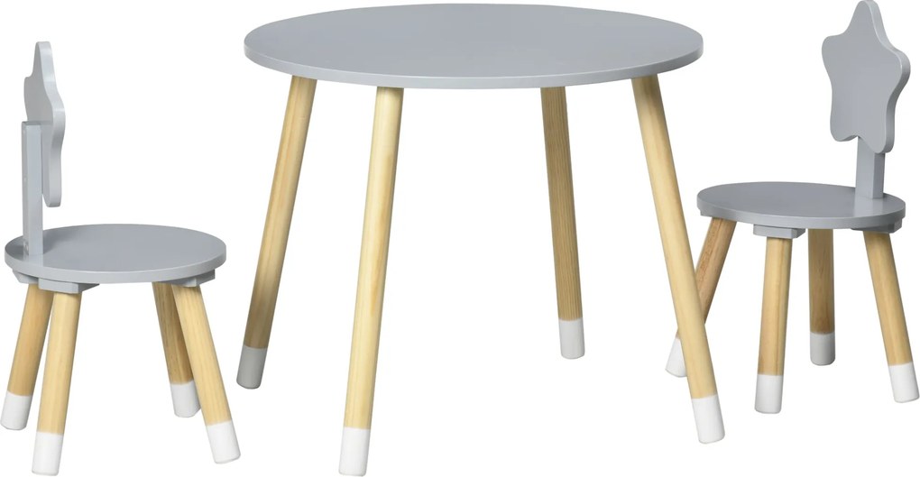HOMCOM Dětský Dřevěný Stolek a 2 Židle Set s Kulatým Stolkem Ø59x50 cm a Židlemi Ø28x51 cm Dětský Nábytek do Hračkovny nebo Ložnice Šedý | Aosom