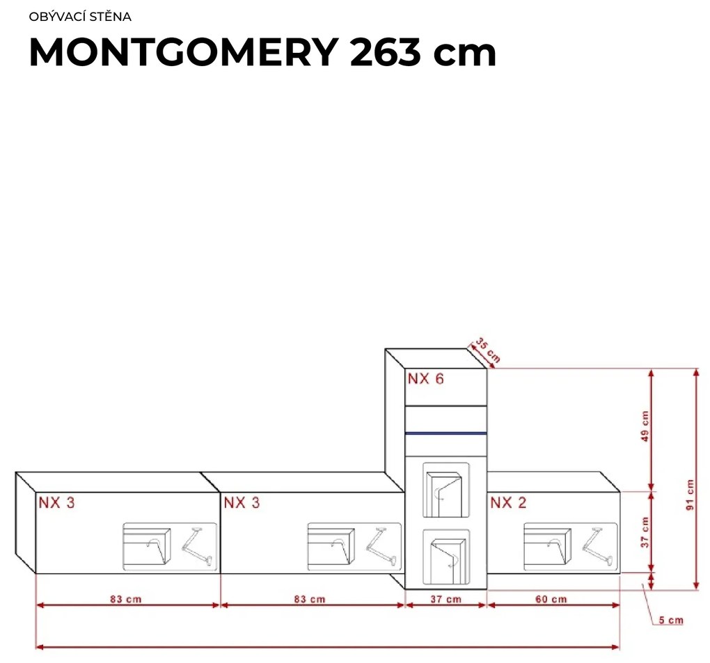 Ral Obývací stěna MONTGOMERY 3, 263 cm - Bílý lesk