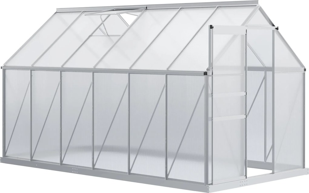 Zahradní skleník Outsunny s polykarbonátem 7,1 m² rozměry 1,9L x 3,75W x 1,99H se základem, nastavitelným střešním oknem a posuvnými dveřmi - Stříbrný