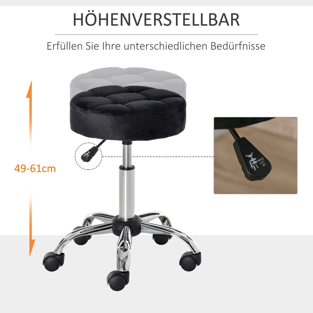 Salonní židle HOMCOM s kolečky výškově nastavitelná otočná stolička na kolečkách sametová pěna na dotek chromová základna černá 35 x 35 x 49-61 cm pr…