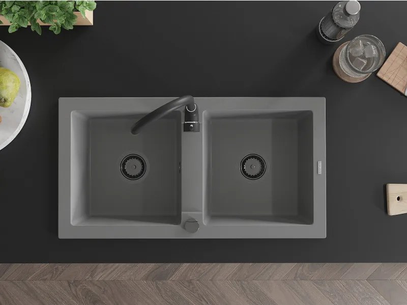 Mexen Mario, granitový dřez 820x436x161 mm, 2-komorový, šedá s černým sifonem, 6504822000-71-B