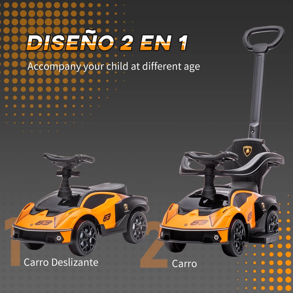 AIYAPLAY 2-v-1 Lamborghini Essenza SCV12 Dětské Odpojovací Auto 12-36 Měsíců S Tlačítkem A Odnímatelnou Rukojetí 86.5x40x89.5 cm Oranžové a Černé