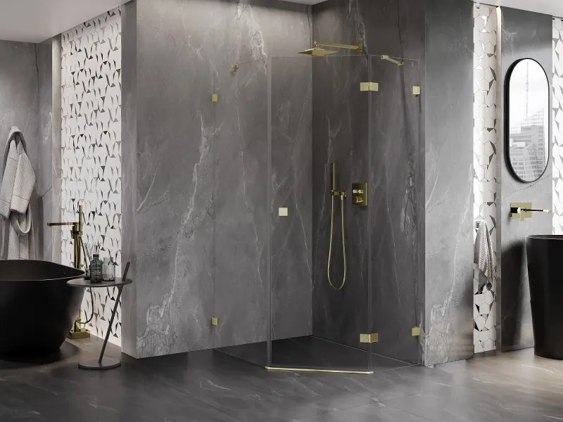 Mexen Lunar, pravý výklopný pětiúhelníkový sprchový kout 90 x 100 cm, 8mm čiré sklo, zlatý matný profil, 831-090P-100L-55-00-P