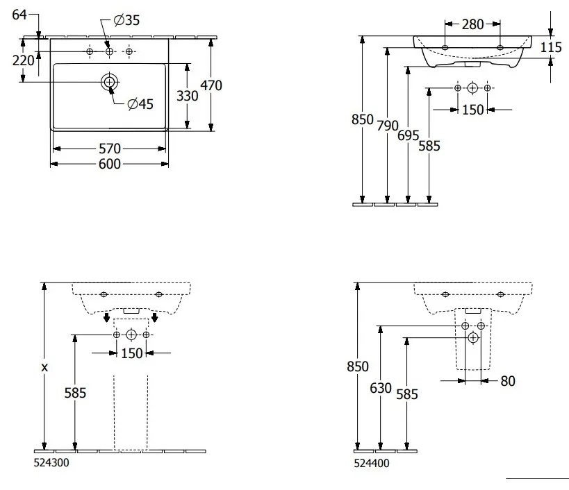 Villeroy & Boch AVENTO - Umyvadlo, 600x470x180 mm, s přepadem, bílá Alpin CeramicPlus 415860R1