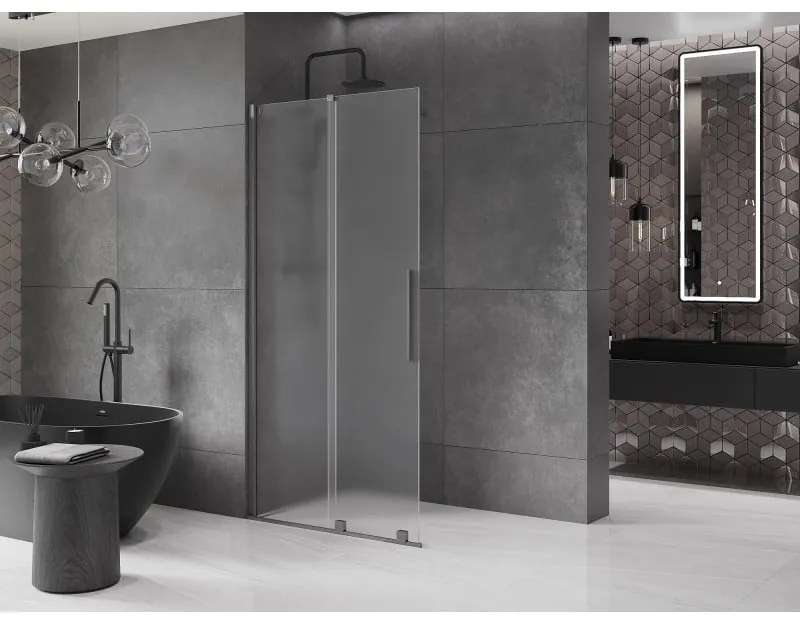 Mexen Velar, sprchová zástěna s posuvnými dveřmi Walk-in 85 x 200 cm, 8mm sklo námraza, grafit broušený, 871-085-000-33-66
