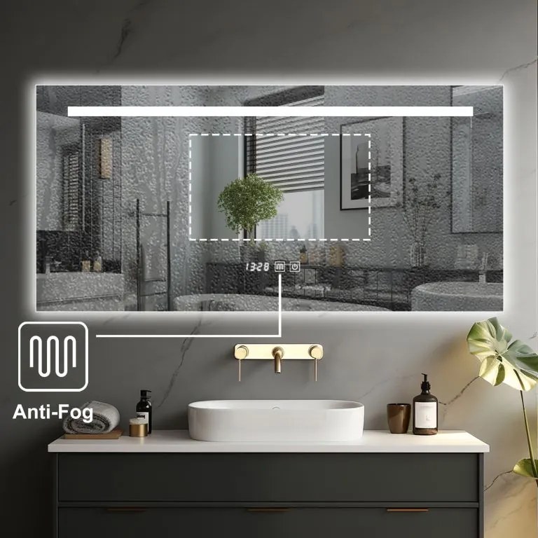 LED zrcadlo 90 × 70 cm s horním světlem a odmlžováním