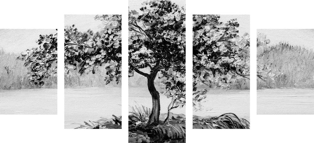 5-dílný obraz orientální třešeň v černobílém provedení - 100x50 cm