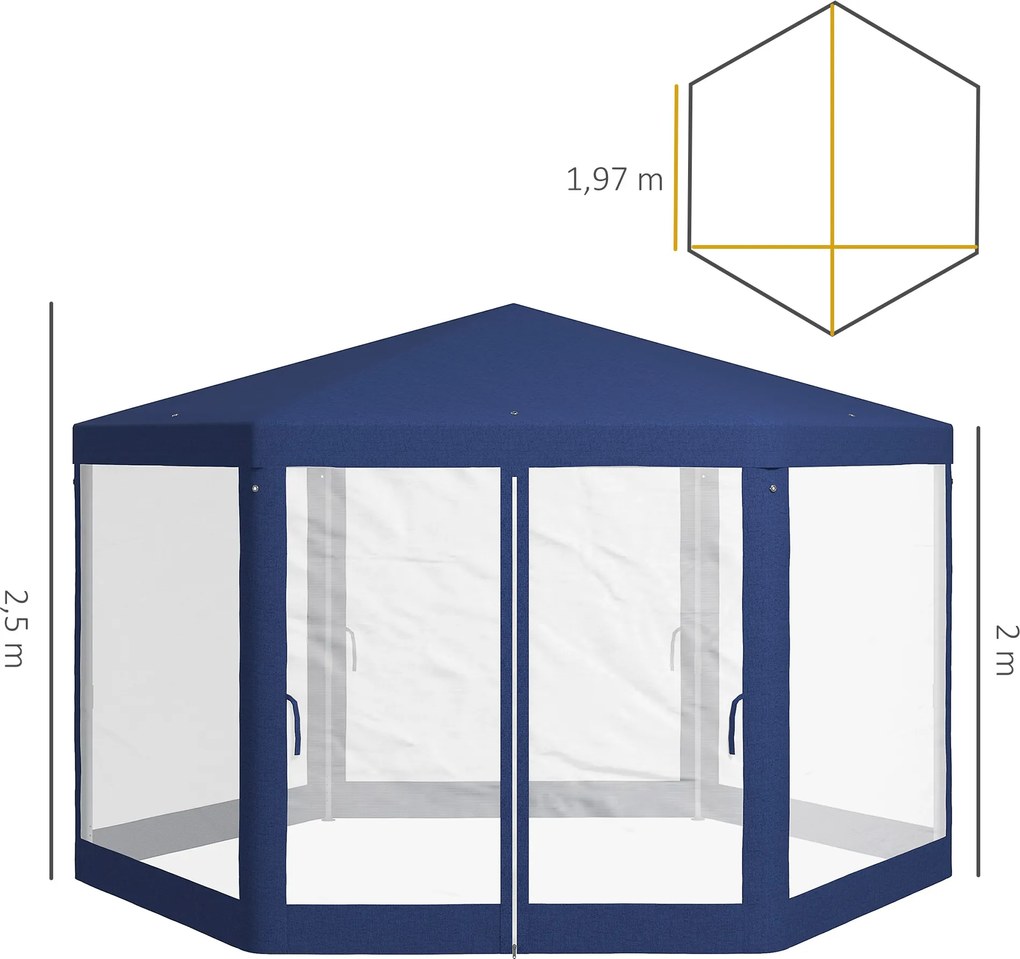 Zahradní pavilon, 6úhelníkový, síťové závěsy, kovový rám, 3,94x3,412x2,5 m, modrý