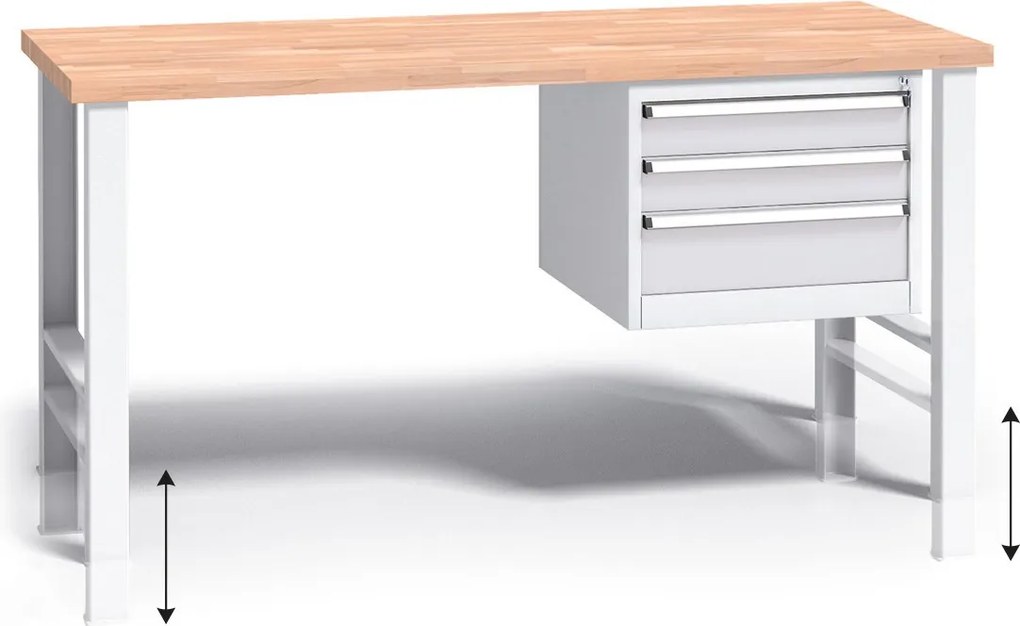 Výškově nastavitelný pracovní stůl do dílny G3 se závěsným boxem na nářadí, buková spárovka, 3 zásuvky, 1500 x 685 x 840 - 1050 mm, šedá