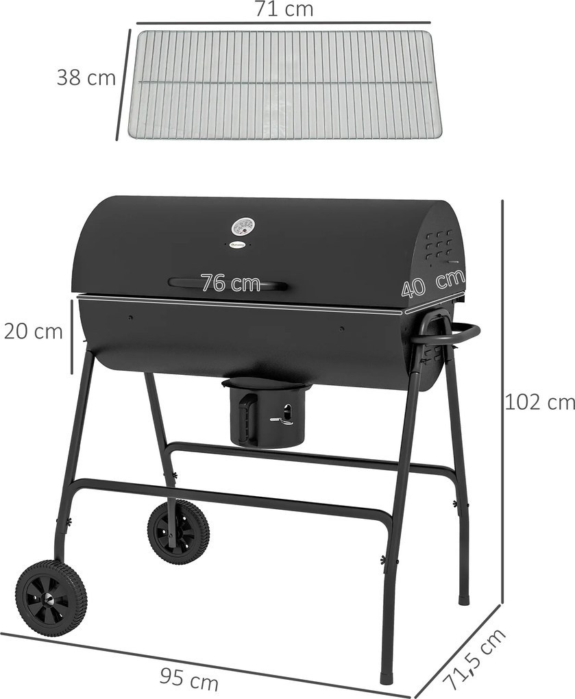 Outsunny Kovový gril na dřevěné uhlí BBQ udírna s víkem Teploměr Kolečka Grilovací vozík 95x71,5x102 cm Černá barva