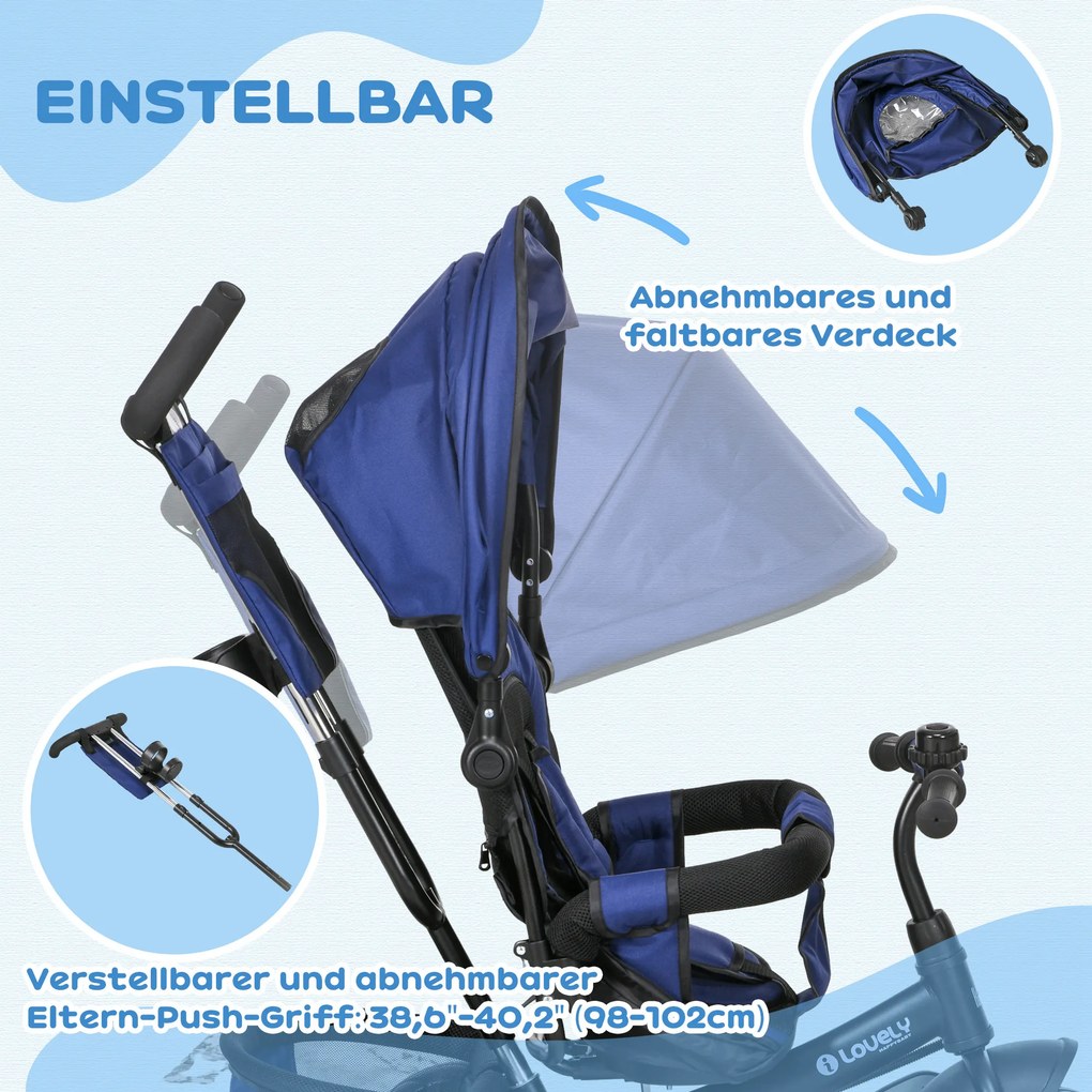 HOMCOM 6-in-1 Tříkolka s Rukojetí pro Rodiče, Dětská Tříkolka s Odnímatelnou Slunečníky, Polstrováním, Balance Bike s 5-Bodovým Bezpečnostním Páscem,…
