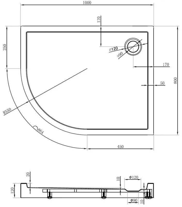 Mexen Flow+, čtvrtkruhová asymetrická sprchová vanička, pravá, 100 x 80 cm, bílá lesklá, 46Q108010RH