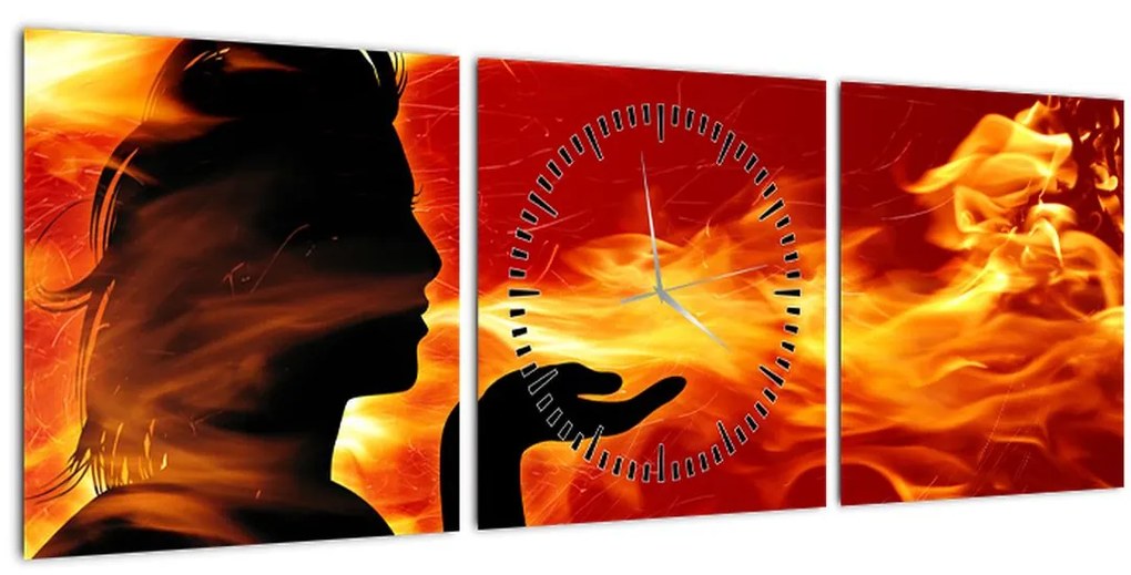Obraz zeny s plameny (s hodinami) (90x30 cm)