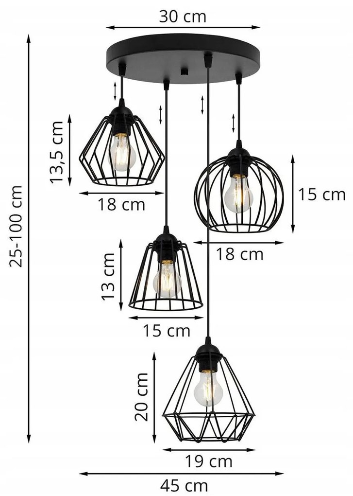 Závěsné svítidlo Nuvola, 4x černé drátěné stínítko (mix 4 tvarů stínítka),