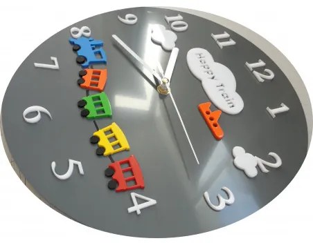 Nástěnné hodiny pro děti vlak barvy šedá OBLAK 3D HODINY FL-z97- X0052 -RAL7011 HEU+