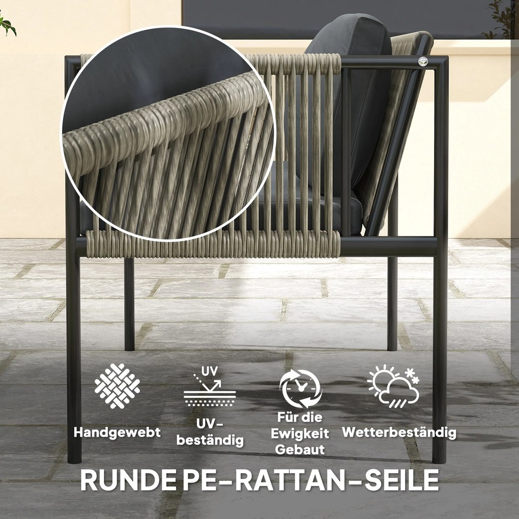 Outsunny 4dílná sada zahradního nábytku, 1 pohovka, 2 křesla, 1 stůl se skleněnou deskou, polštáře, ocelový rám, plastový ratan, šedá barva