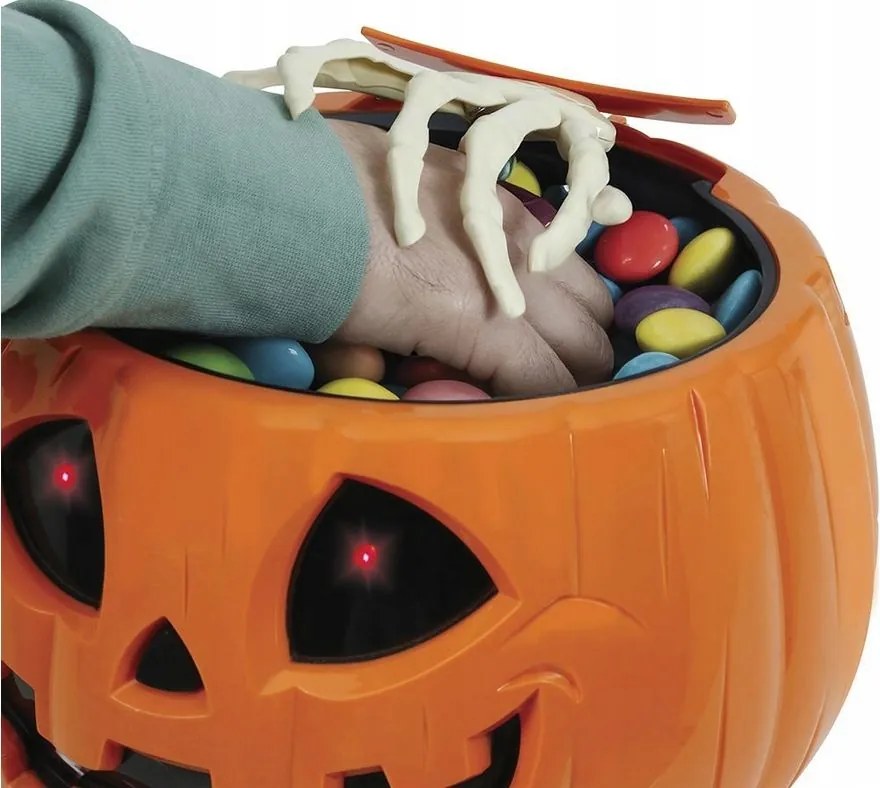 Interaktivní dýňová miska 15 cm – (světlo, pohyb, zvuk) doplněk na Halloween
