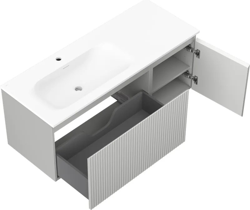 Mexen Rivel koupelnová skříňka 120 cm s umyvadlem Vela levá, 1S, 1D, drážkovaná, šedá mat/bílá mat