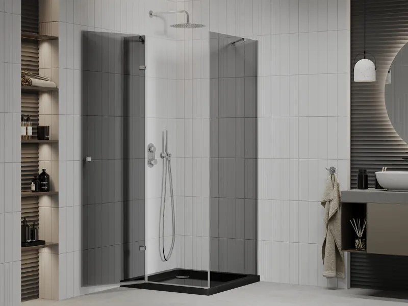 Mexen Roma, sprchový kout s křídlovými dveřmi 90 (dveře) x 90 (stěna) cm, 6mm šedé sklo, chromový profil + slim sprchová vanička černá + chromový sifon, 854-090-090-01-40-4070