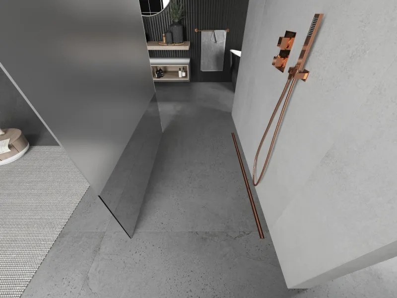 Mexen Kioto, průchozí sprchová zástěna 100 x 200 cm, 8mm čiré sklo/námraza, 2x růžové zlato stabilizační rozpěra, 800-100-002-60-35