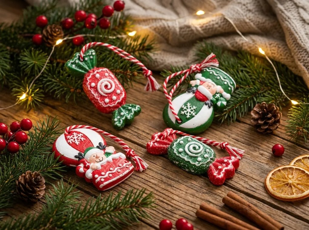 Sada 4 ks vánočních ozdob CANDY ELF 6 cm