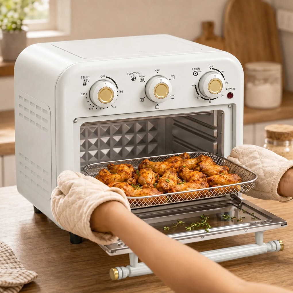 HOMCOM Horkovzdušná fritéza 12 litrů mini trouba s ventilátorem, 5 programů, plech a koš na smažení, 1200 W, vhodná do myčky