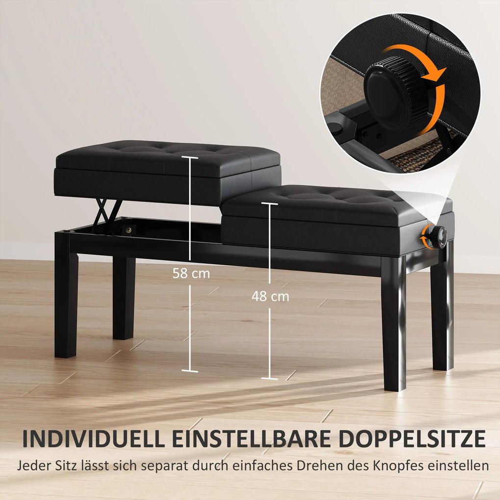 HOMCOM Nastavitelný hudební stolička s úložným prostorem, nosnost 220 kg, umělá kůže, černá, 105 x 37 x 48-58 cm