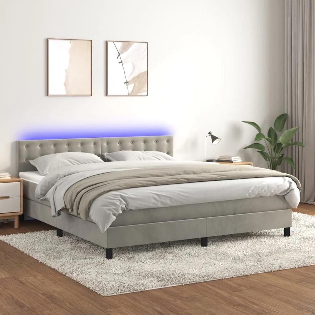 Box spring postel s matrací a LED světle šedá 160x200 cm samet,  3134651
