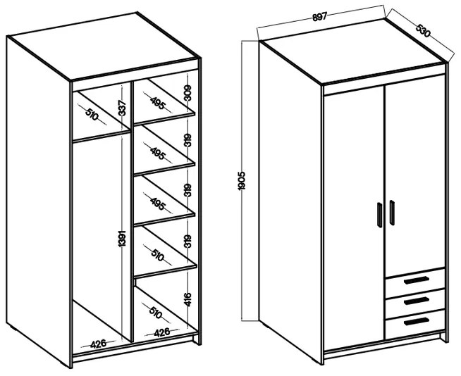 Dvoudveřová skříň 90 PILINA se šuplíky - dub lefkas