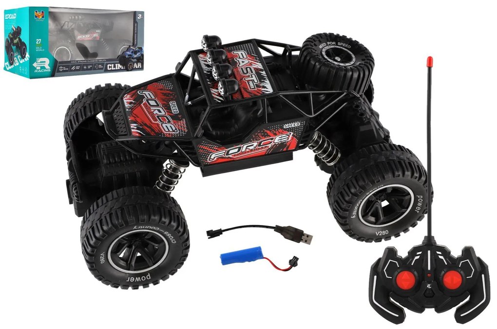Auto RC Off-Road plast 26cm 27MHz dobíjecí pack+baterie se světlem červené v krabici