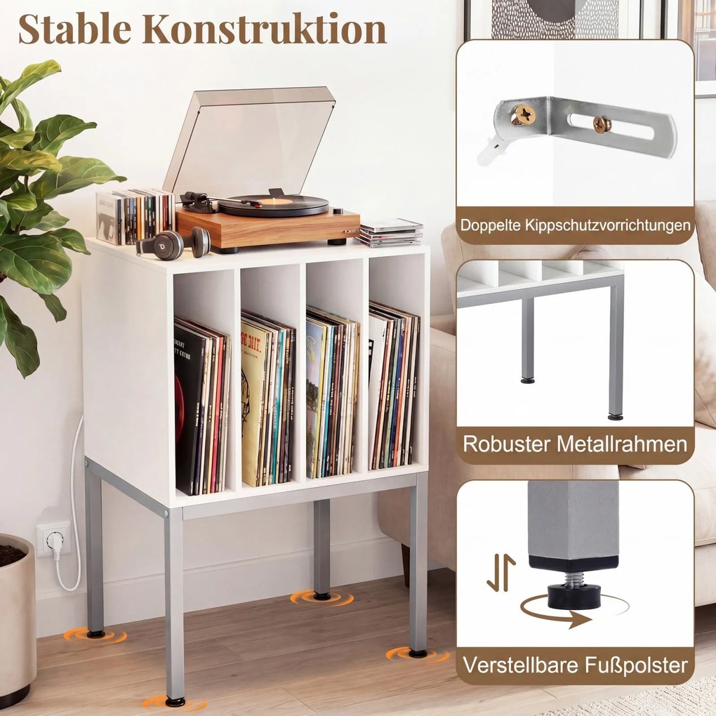 Costway Stolek na gramofon s nabíjecí stanicí a přihrádkami, bílý