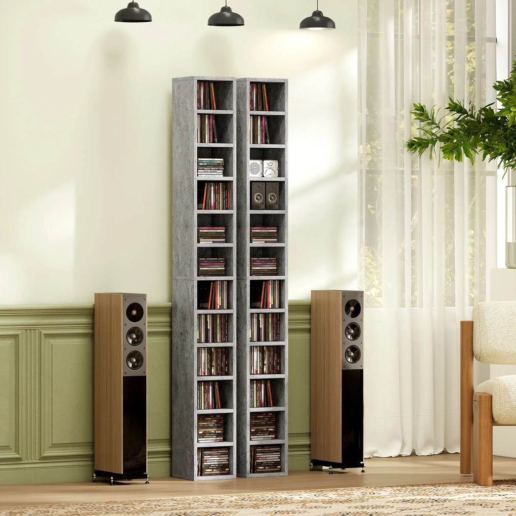 HOMCOM knihovna/CD regál se 12 přihrádkami pro 204 CD, z MDF a dřevotřísky, 21x20x175 cm, Cementově šedá