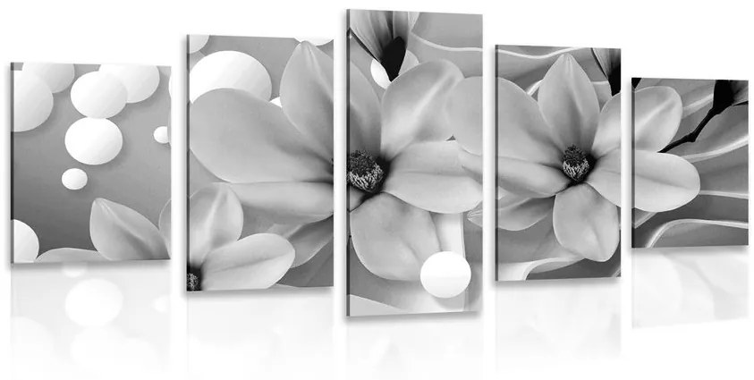 5-dílný obraz černobílá magnólie na abstraktním pozadí - 100x50 cm