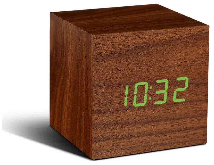 Tmavě hnědý budík se zeleným LED displejem Gingko Cube Click Clock