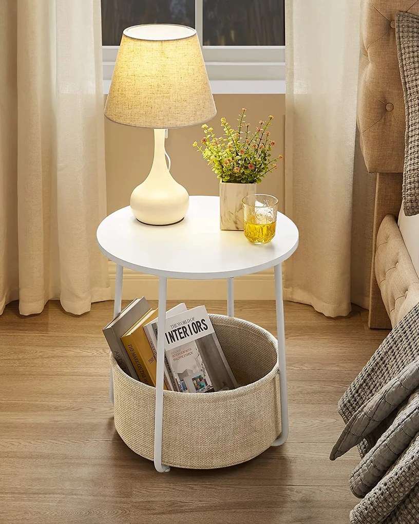 Odkládací stolek s látkovým košem, bílo-béžový LET223W10