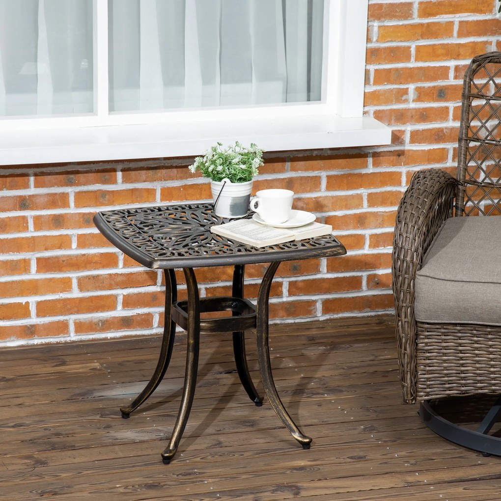 Zahradní stolek Outsunny s otvorem pro slunečník 54x54x52,5 cm s hliníkovým rámem v bronzové barvě, ideální pro zahradu a balkon