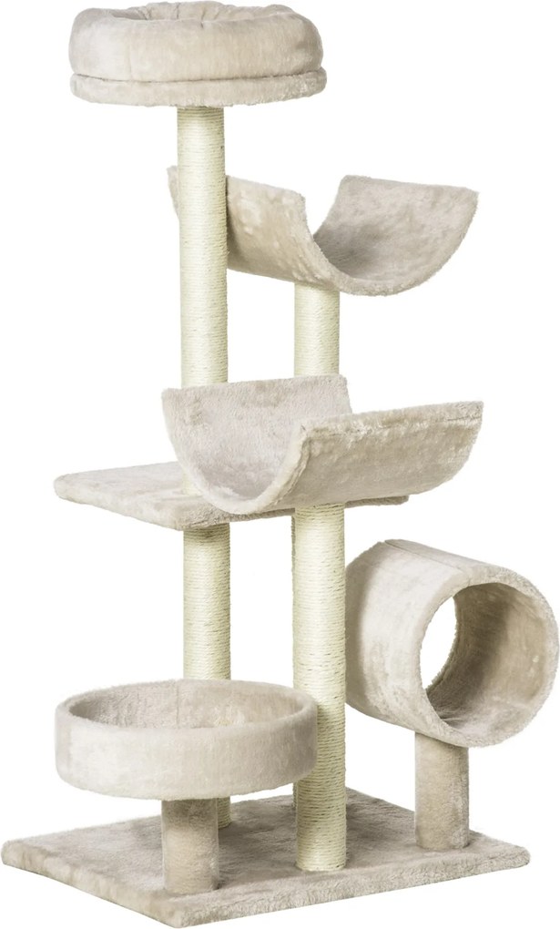 PawHut Kočičí strom, škrábací sloup, škrábací hračky, tunel, béžový L50 x Š40 x V105 cm
