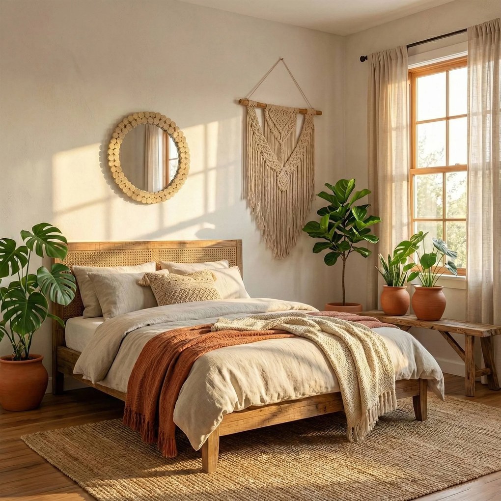 Kulaté nástěnné zrcadlo BOHO 36 cm přírodní