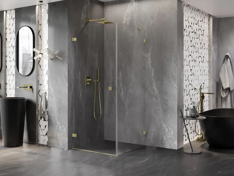 Mexen Lunar-B, výklopný sprchový kout levý 100 x 100 cm, 8mm čiré sklo, zlatý kartáčovaný - 832-100-100-55-00-L
