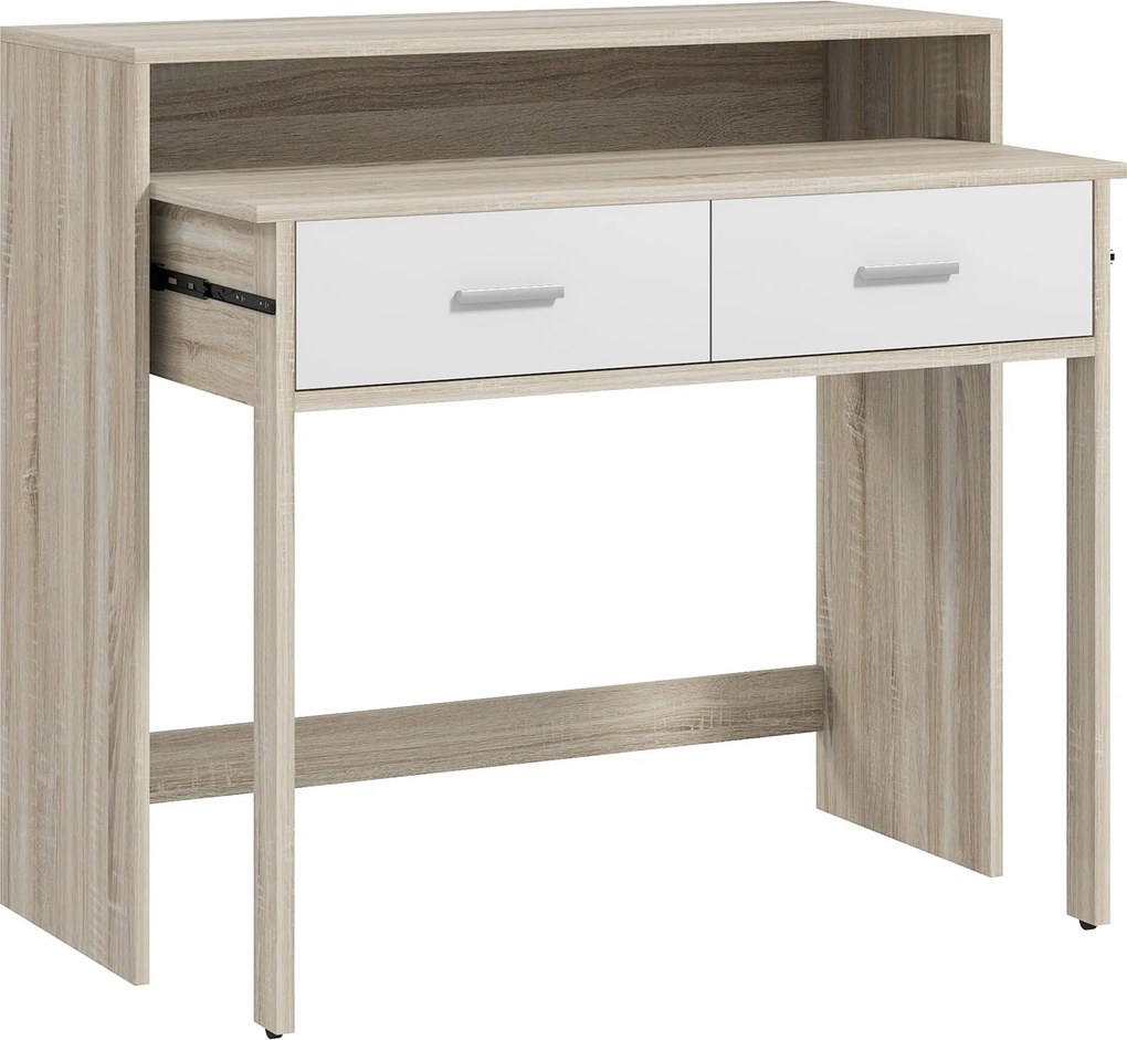 HOMCOM Rozkládací konzolový stůl se 2 výsuvnými policemi, 2 zásuvkami a 2 protišmykovými kolečky, Dvouramenný stůl 95x35x87 cm Dub
