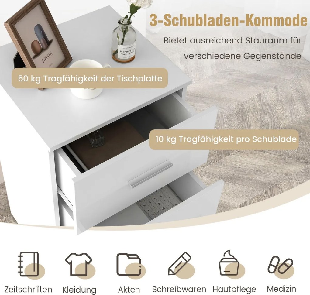 Costway Noční stolek se 3 zásuvkami s vysokým leskem – 37,1 × 34,2 × 66,5 cm